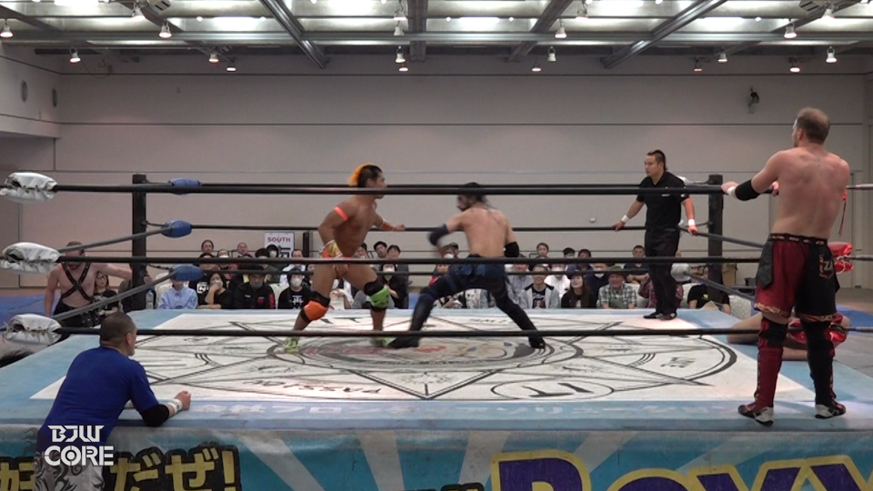 04関札皓太&ジーク・アンディーノ&ジェイコブ・クレイン vs 大門寺崇&エンデル・カラ&テンペスタ | BJW CORE